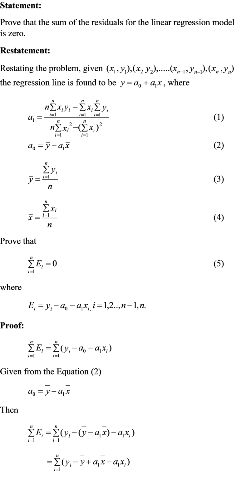 Sum of the residuals for the linear regression model is zero. – Numerical Methods Guy