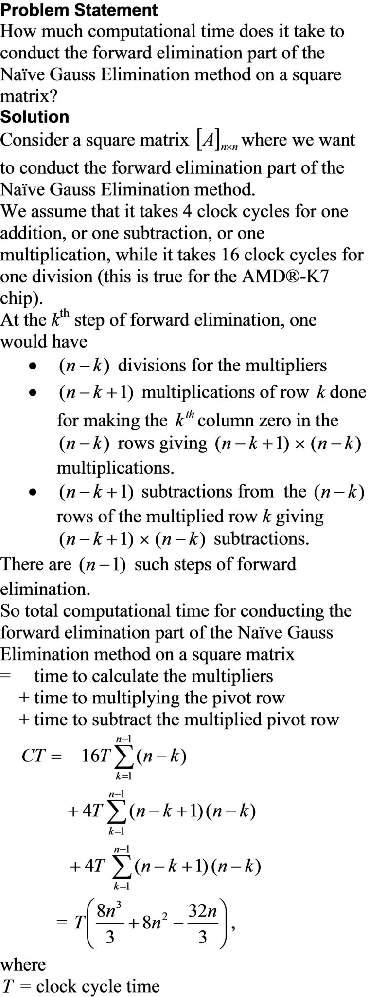 Computational Time for Forward Elimination Steps of Naive Gaussian Elimination on a Square ...