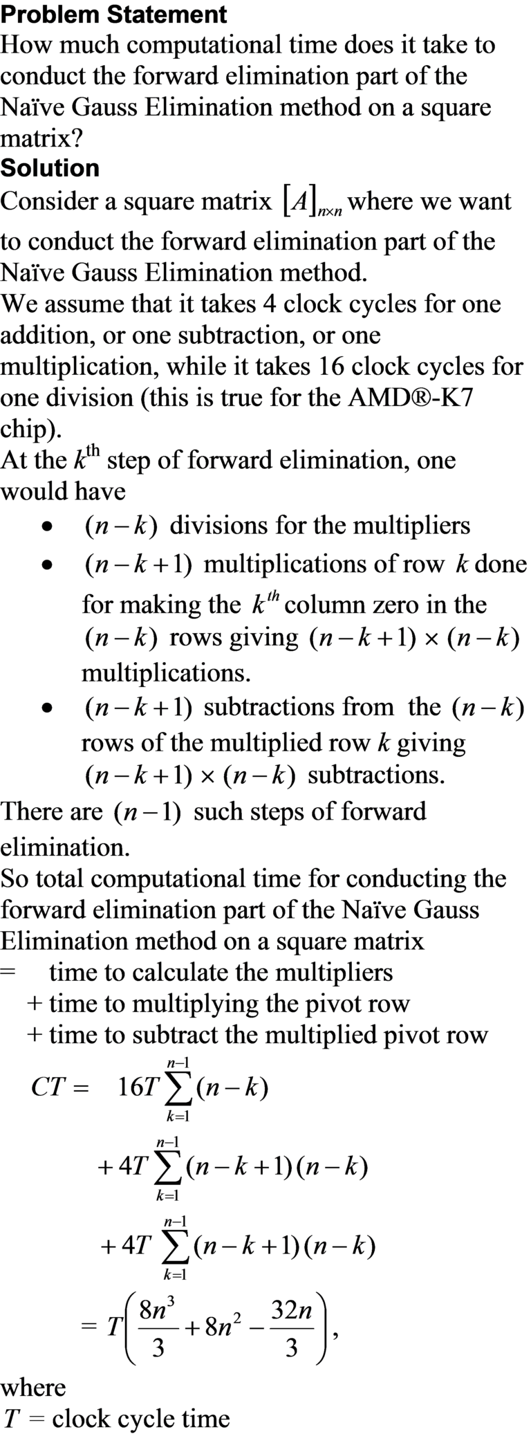 Computational Time for Forward Elimination Steps of Naive Gaussian Elimination on a Square ...
