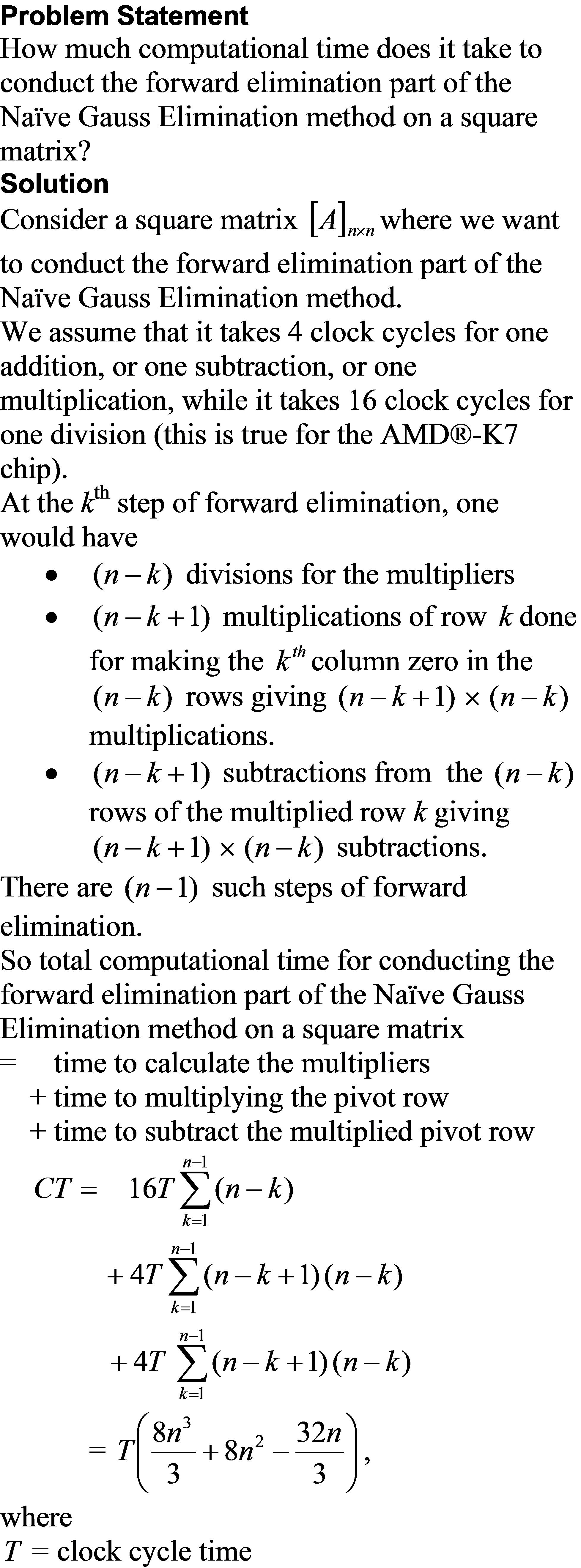 Computational Time For Forward Elimination Steps Of Naive Gaussian Elimination On A Square